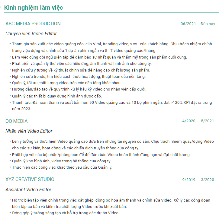 Hướng dẫn cách viết chi tiết CV Video Editor