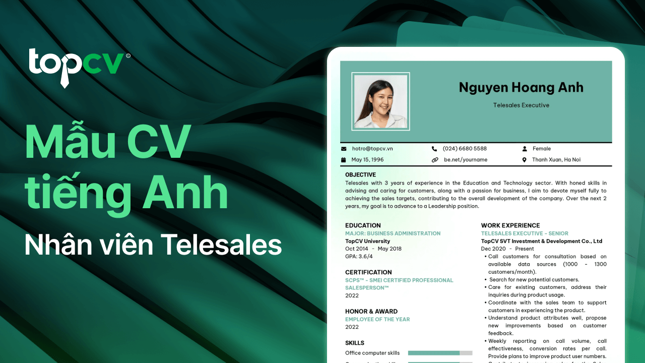 TOP 34 mẫu CV Nhân viên Telesales 2025 - Tiếng Anh