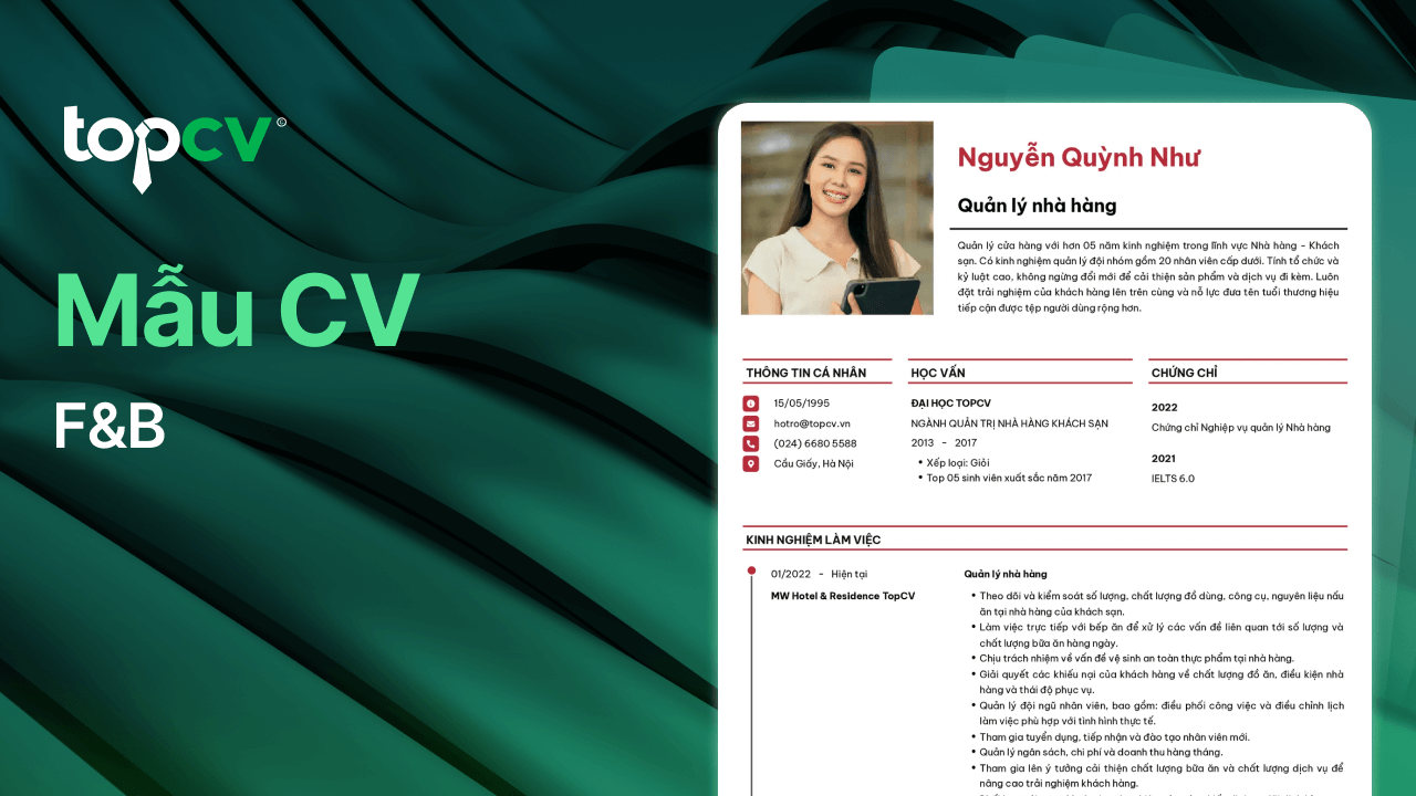 TOP 36 mẫu CV F&B 2025 - Tiếng Việt