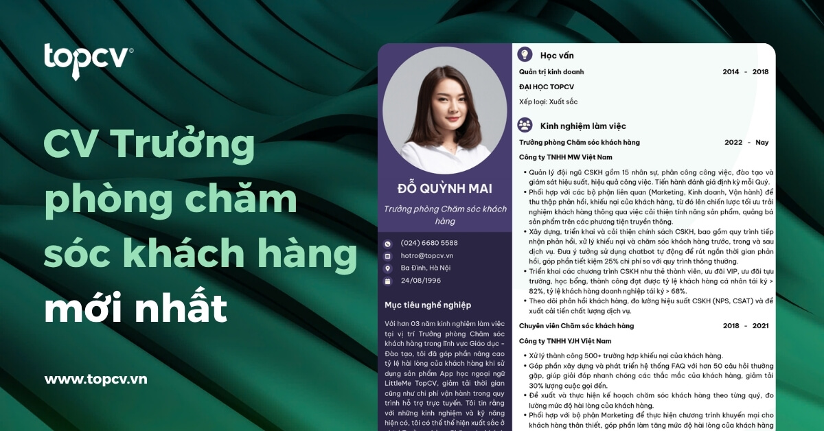 TOP 37 mẫu CV Trưởng phòng chăm sóc khách hàng 2026 - Tiếng Việt